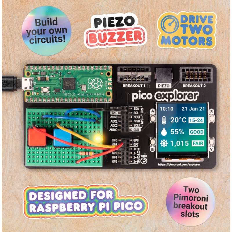 Pico Explorer Base (PIM550) LCD, motor drivers, breadboard for Raspberry Pi Pico