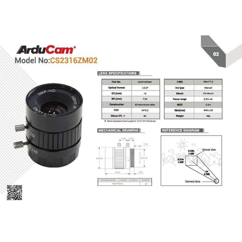 Arducam CS-Mount Lens 16mm Focal Length with Manual Focus and Adjustable Aperture for Raspberry ...