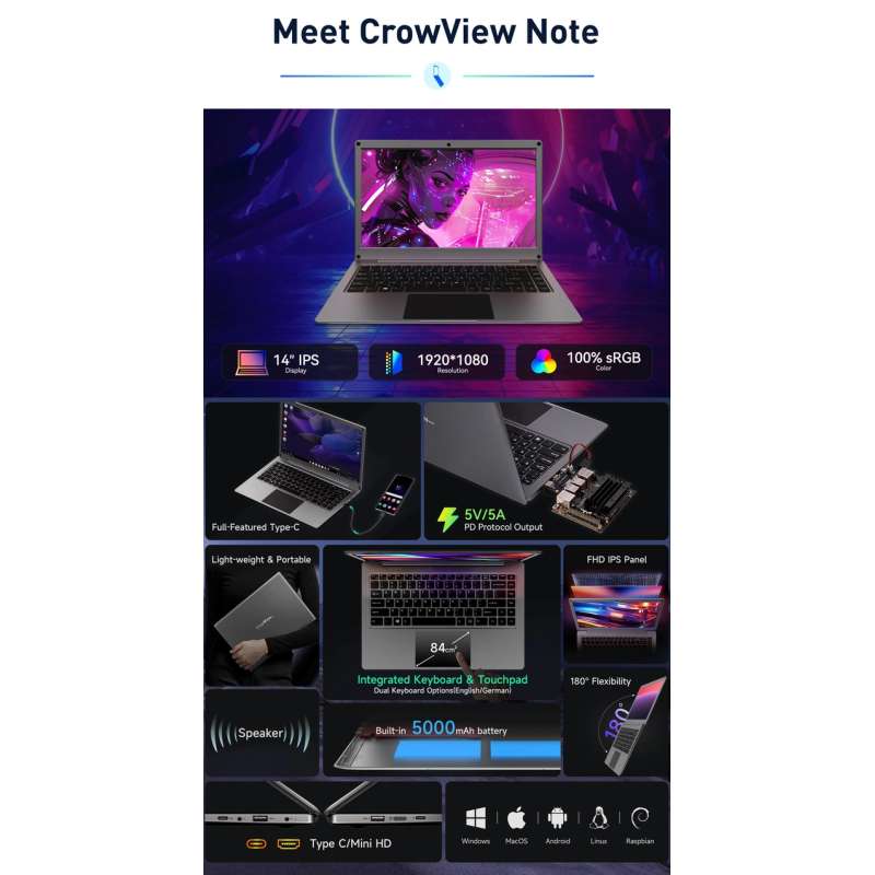 CrowView Note - Empowering Your Device as a Laptop - All-in-One Portable Monitor, Phone-to-PC ...