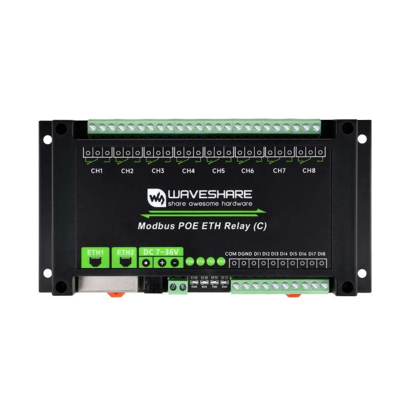 Dual Ethernet Ports 8-ch Relay Module (C), Modbus RTU, PoE Isolation Protection Industrial Rail ...